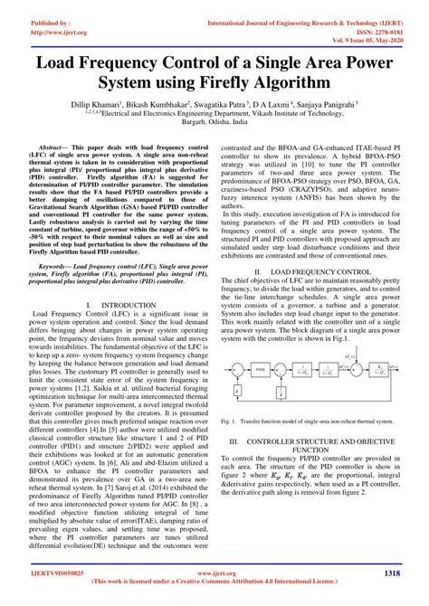 pdf load frequency control of a single area power system using firefly algorithm