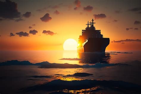 Um navio de carga no oceano ao pôr do sol Foto Premium