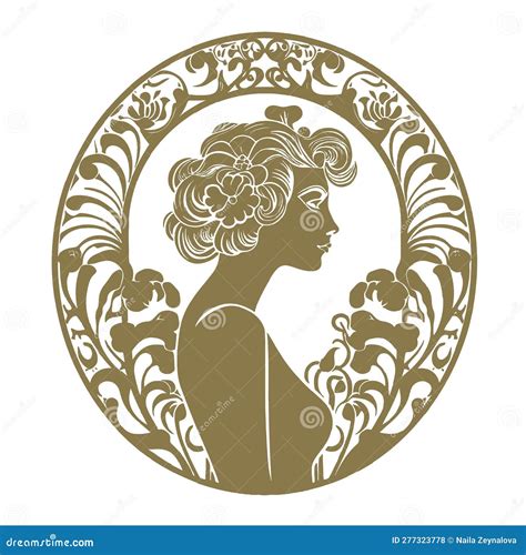 Woman Silhouette Surrounded By Vintage Flowers In Art Nouveau Style