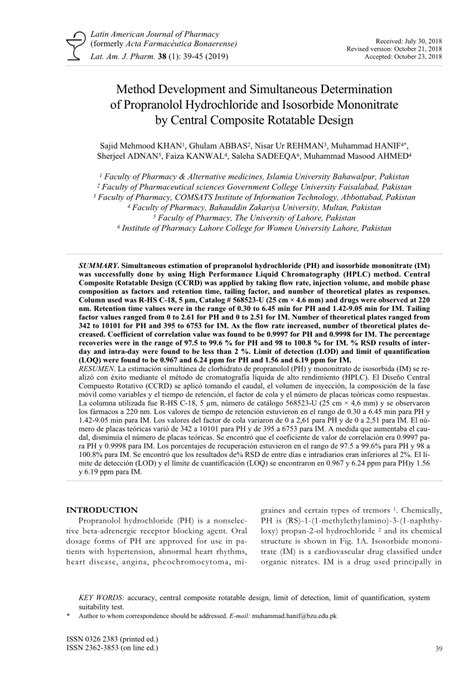 pdf method development and simultaneous determination of propranolol hydrochloride and