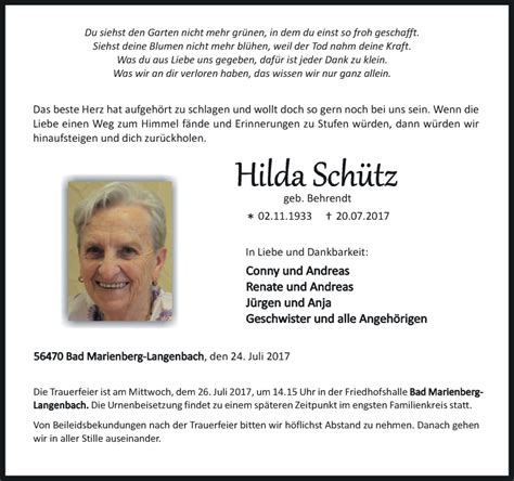 Traueranzeigen von Hilda Schütz rz trauer de