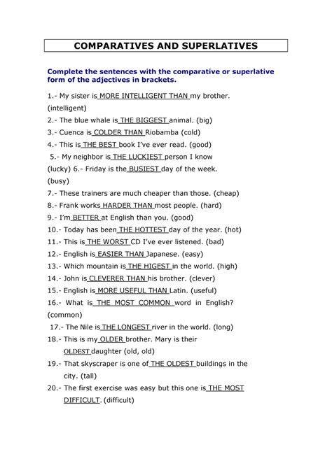 Comparative Task 6 Ingles Complete The Sentences With The Comparative
