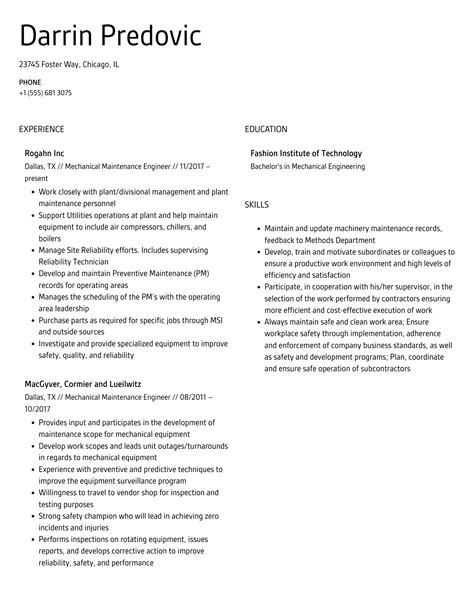 Mechanical Maintenance Engineer Resume Samples Velvet Jobs