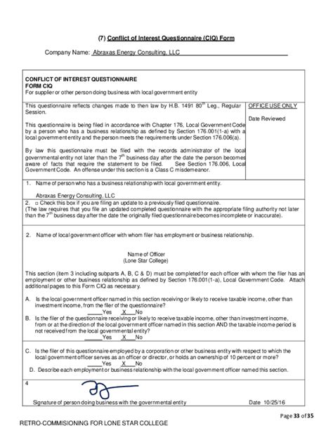 Fillable Online CONFLICT OF INTEREST QUESTIONNAIRE FORM CIQ For