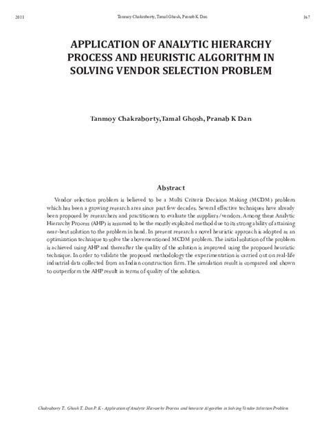pdf application of analytic hierarchy process and heuristic algorithm in solving vendor