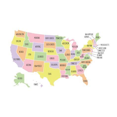 Estados Unidos da América mapa político nomes de regiões cores