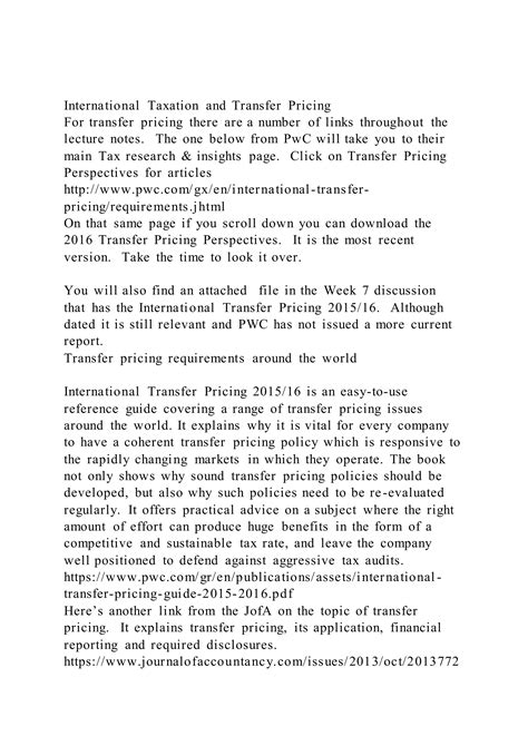 International Taxation And Transfer Pricing For Transfer Pricing PDF