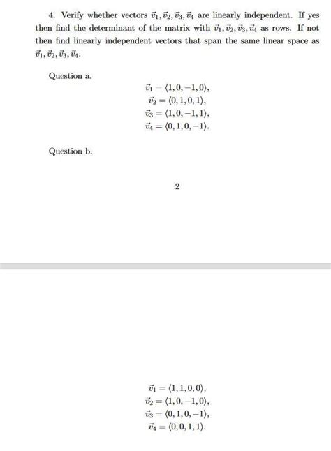 solved 4 verify whether vectors ū1 72 73 ūs are linearly