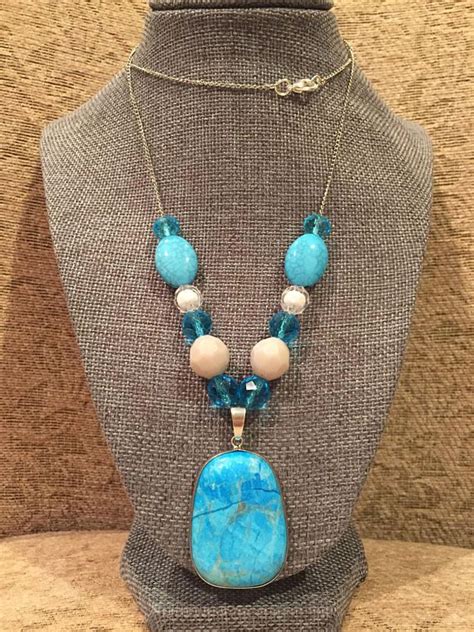Bright Blue Pendant In Blue Grey Marbled Howlite Stone Edged