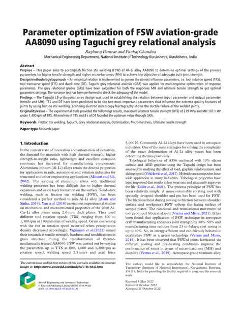 pdf parameter optimization of fsw aviation grade aa8090 using taguchi grey relational analysis