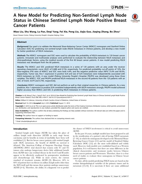 pdf a new model for predicting non sentinel lymph node status in chinese sentinel lymph node