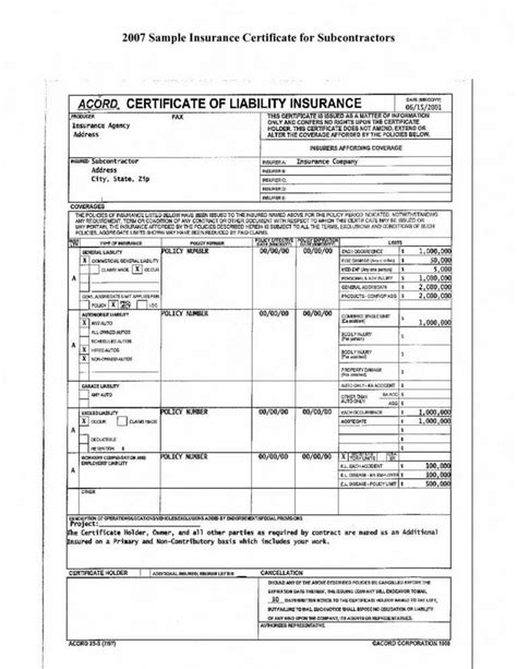 Certificate Of Liability Insurance Template
