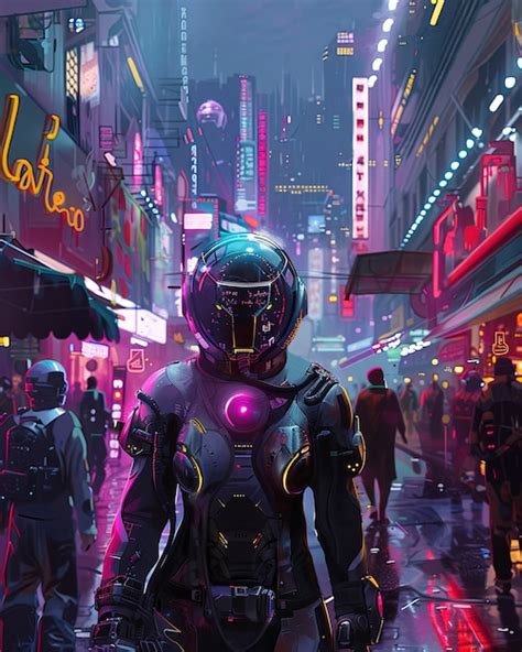 La calle de la ciudad cyberpunk por la noche con luces de neón y