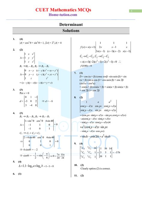 mcq maths questions for cuet chapter 4 determinants with solutions
