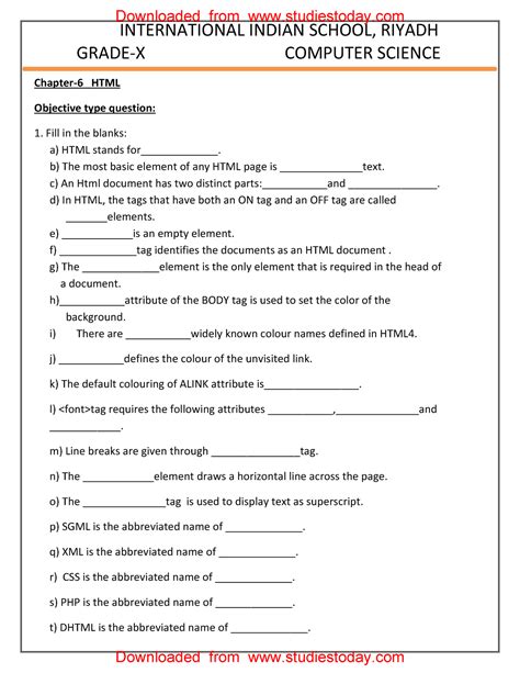 CBSE Class 10 Computer Science HTML Worksheet INTERNATIONAL
