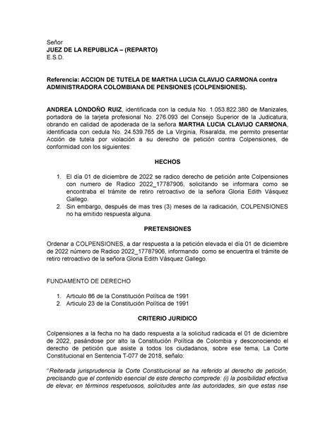 Accion de Tutela Señor JUEZ DE LA REPUBLICA REPARTO E S