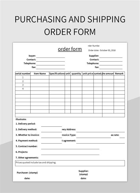 Purchasing And Shipping Order Form Excel Template And Google Sheets
