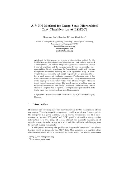 pdf a k nn method for large scale hierarchical text classification at lshtc3