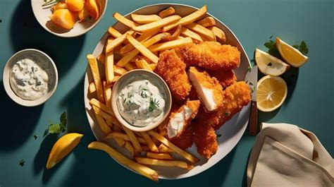 Un plato de pescado y papas fritas con un tazón de salsa y un tazón de