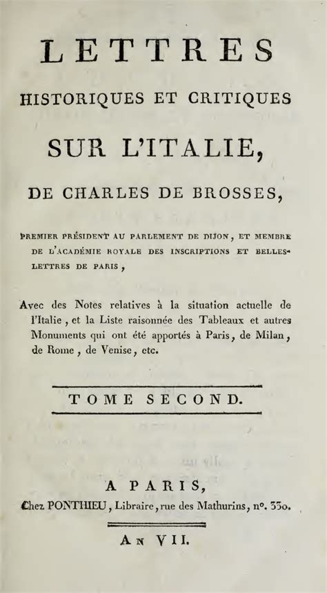 Charles De Brosses 1709 1777 Lettres Historiques Et Critiques Sur L