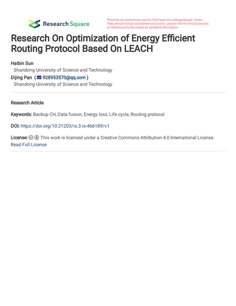 pdf research on optimization of energy efficient routing protocol based on leach