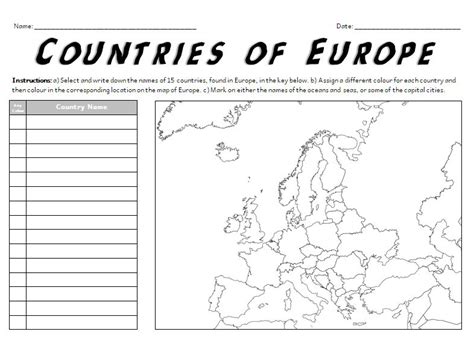 Countries Of Europe A3 Map Worksheet Teaching Resources
