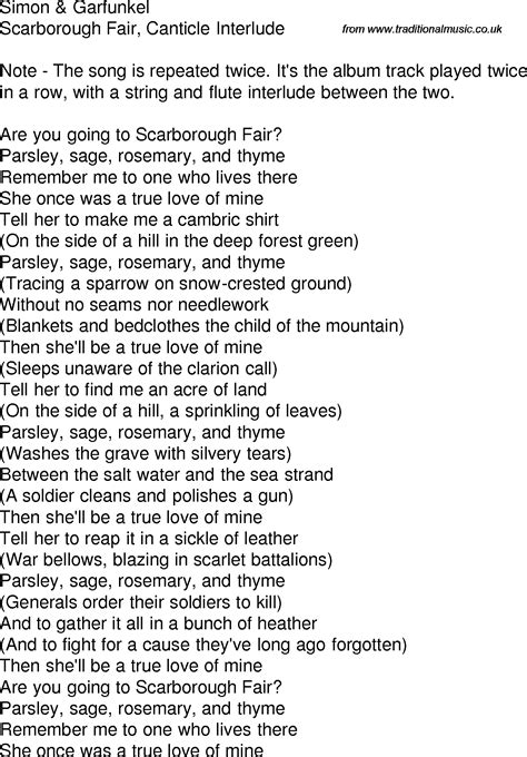 Scarborough Fair Lyrics Song Scarborough Fair Canticle Interlude By