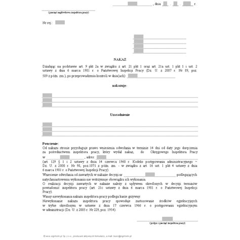 Wzór nakazu inspektora pracy w sprawie wypłaty należnego wynagrodzenia