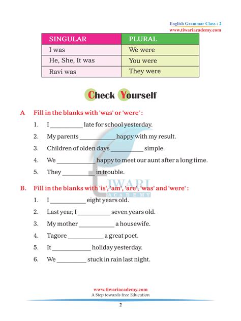 Class 2 English Grammar Chapter 11 Use Of Was And Were In PDF File