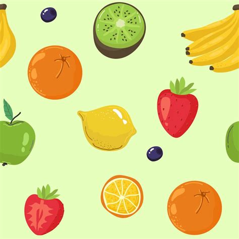 Seamless Background With Various Tropical Fruits On Green Lemon