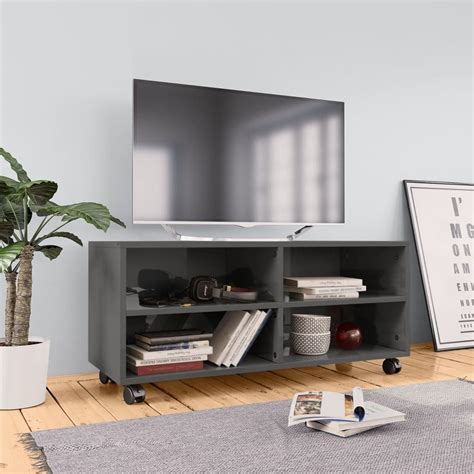 vidaXL TV benk med hjul høyglans grå 90x35x35 cm sponplate 800188