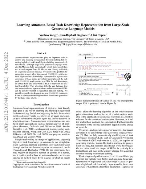 learning automata based task knowledge representation from large scale generative language