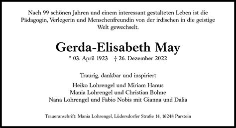 Traueranzeigen Von Gerda Elisabeth May SZ Gedenken De