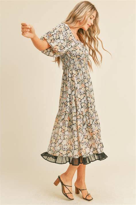Black Floral Multi Puff Sleeve Midi Dress Shopperboard