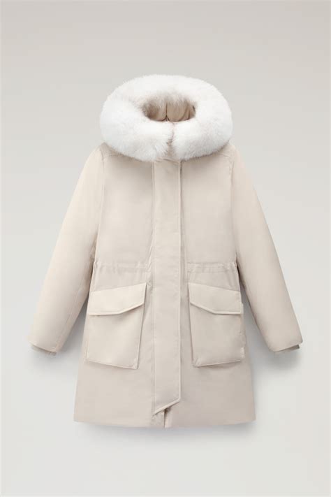 Women S Military Parka In Urban Touch Fabric With Fur Liner White