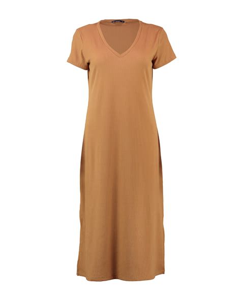 Riachuelo Vestido Midi Feminino Reto Malha Rib Marrom Claro AK By