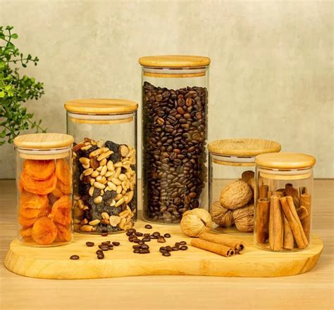 Kit 5 Potes de Vidro Hermético Tampa de Bambu Ofertinha Promoções