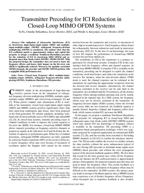 pdf transmitter precoding for ici reduction in closed loop mimo ofdm systems chintha