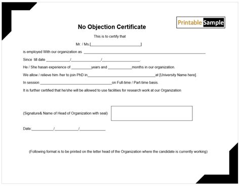 Free Sample No Objection Certificate Templates Printable Samples