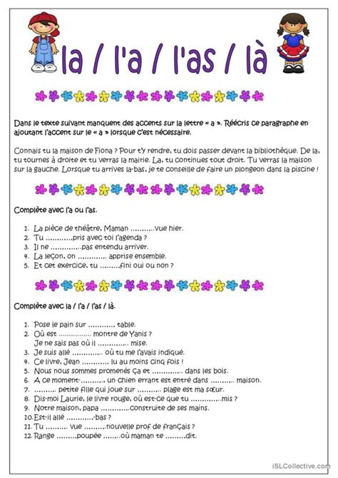 Orthographe et grammaire la là l Français FLE fiches pedagogiques