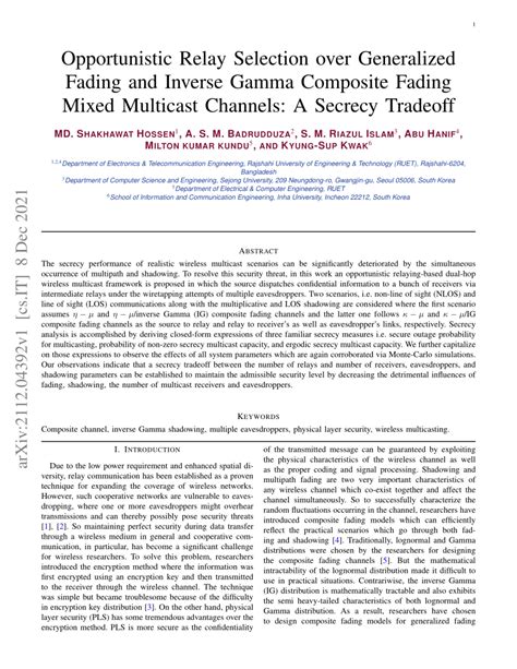 pdf opportunistic relay selection over generalized fading and inverse gamma composite fading