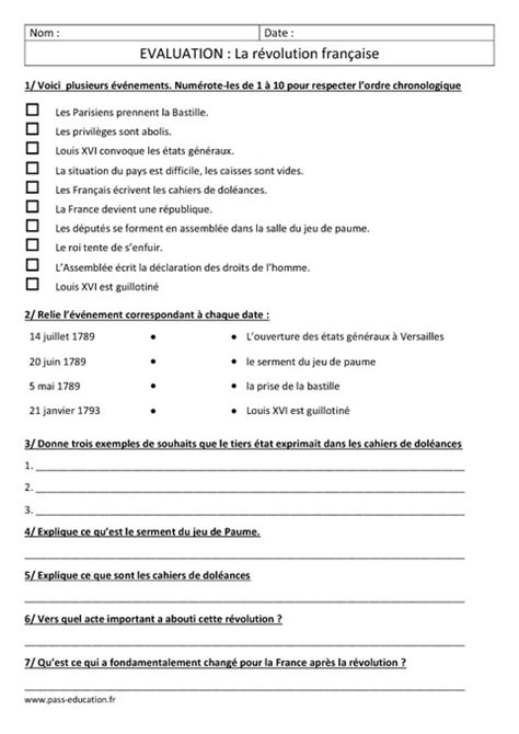 Révolution française Cm1 Cm2 Evaluation Pass Education