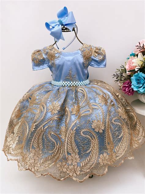 Vestido Infantil Azul Renda Dourada Realeza Luxo Princesa Rosa