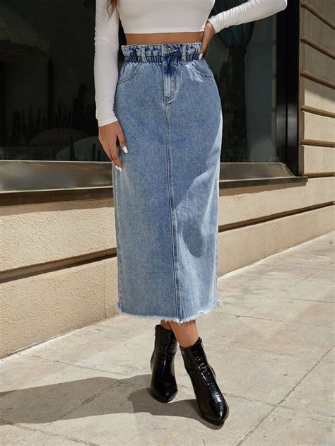 SHEIN Frenchy Falda En Mezclilla De Talle Alto Ribete Crudo Con