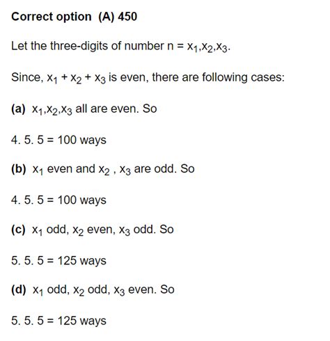 the total number of three digit numbers the sum of whose digits is even is equal to