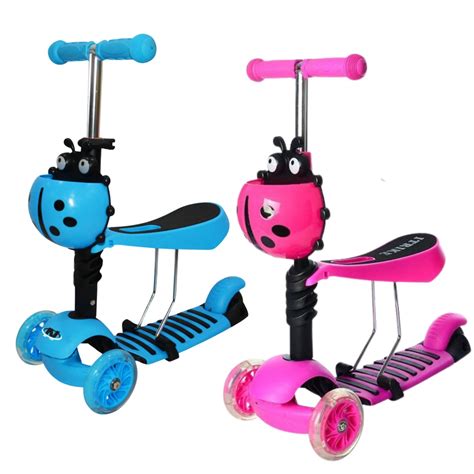 Patinete Infantil 2 Em 1 Joaninha Led Cesta 3 Rodas Azul Rosa