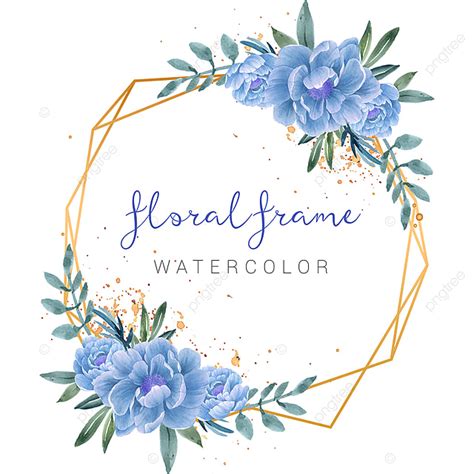 Elegante Marco Dorado Acuarela Flores Azules Ilustración PNG dibujos