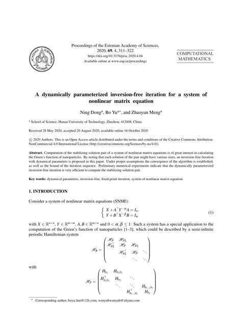 pdf a dynamically parameterized inversion free iteration for a system of nonlinear matrix equation