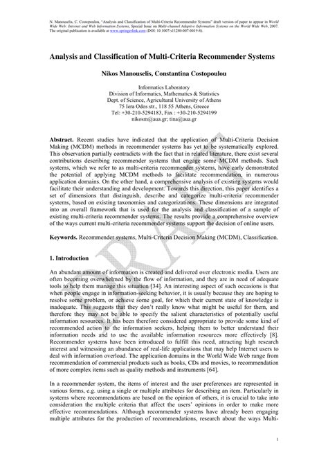 pdf analysis and classification of multi criteria recommender systems