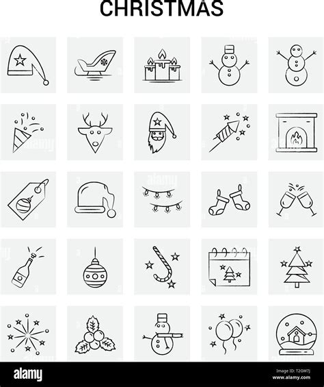 25 Hand Drawn Christmas Icon Set Gray Background Vector Doodle Stock